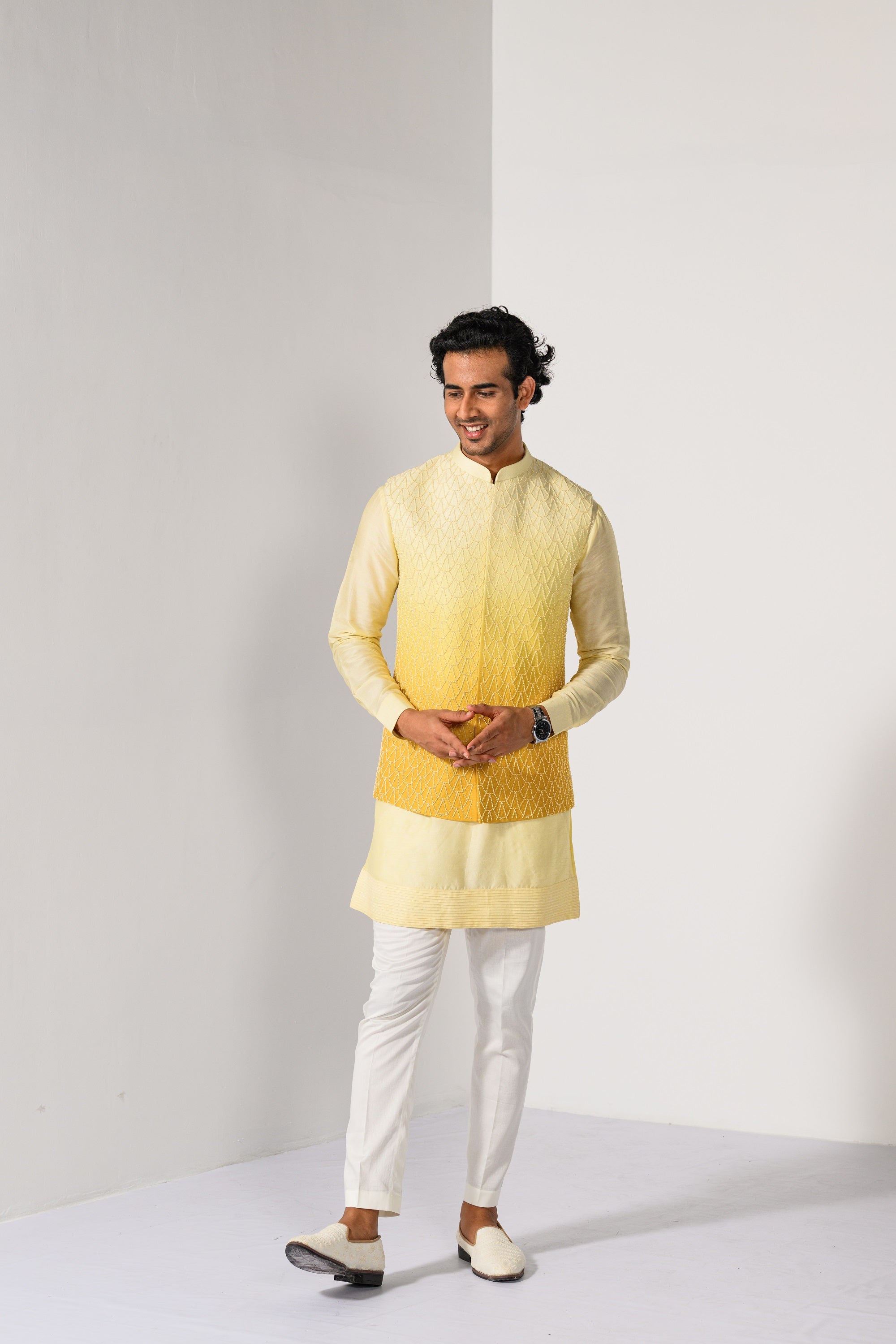 Yellow Cascade Nehru Kurta Set Kalpana Naik